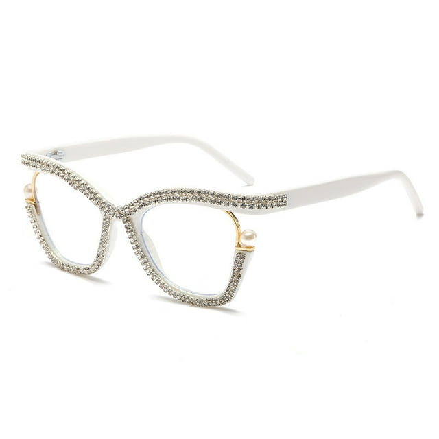 Women Oversized Silver Rhinestone White Glasses Frame Ladies Stylish ...