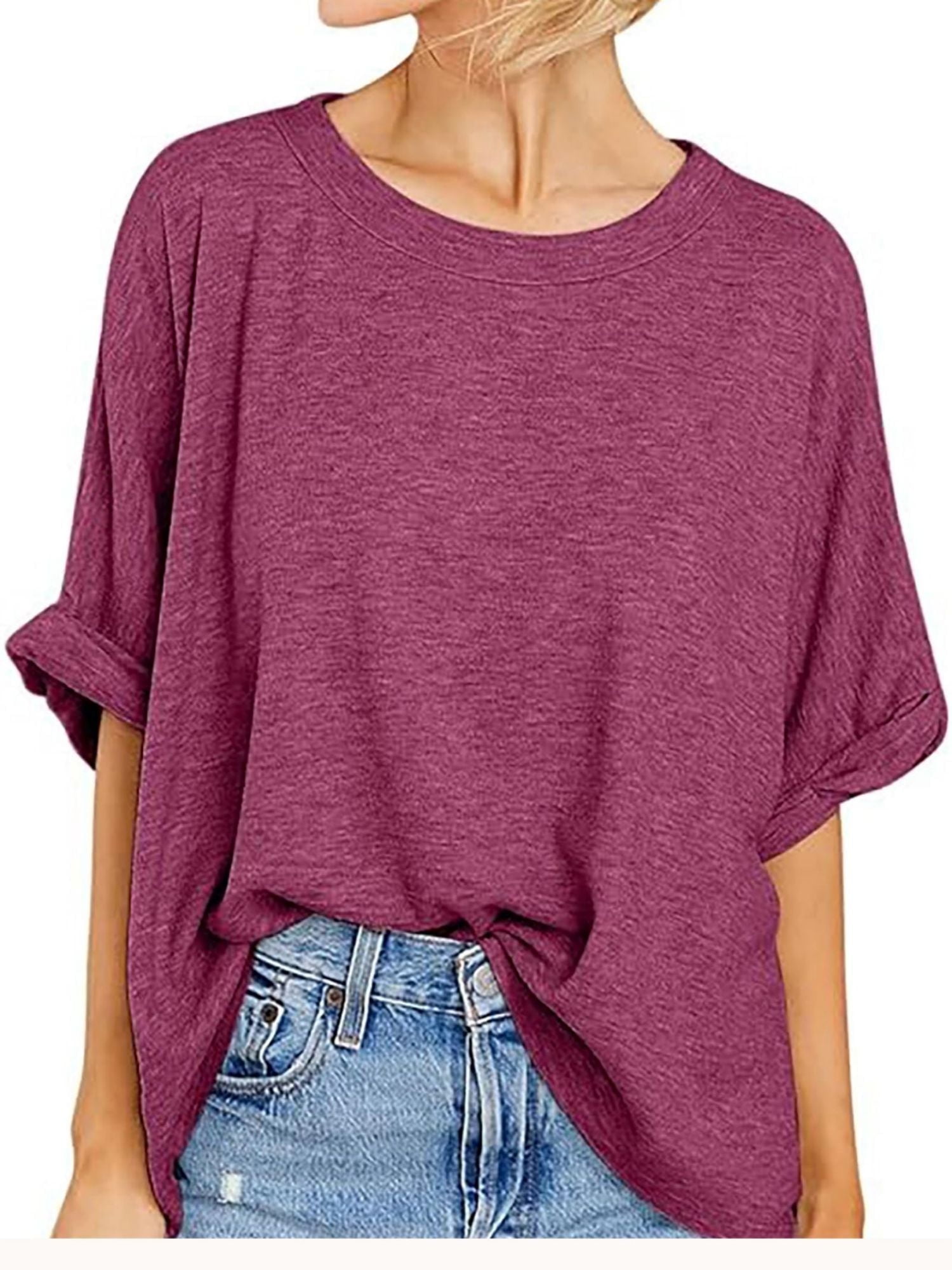 Women Oversized T-Shirt Loose Fit Workout Tops Short Sleeve Gym Basic ...