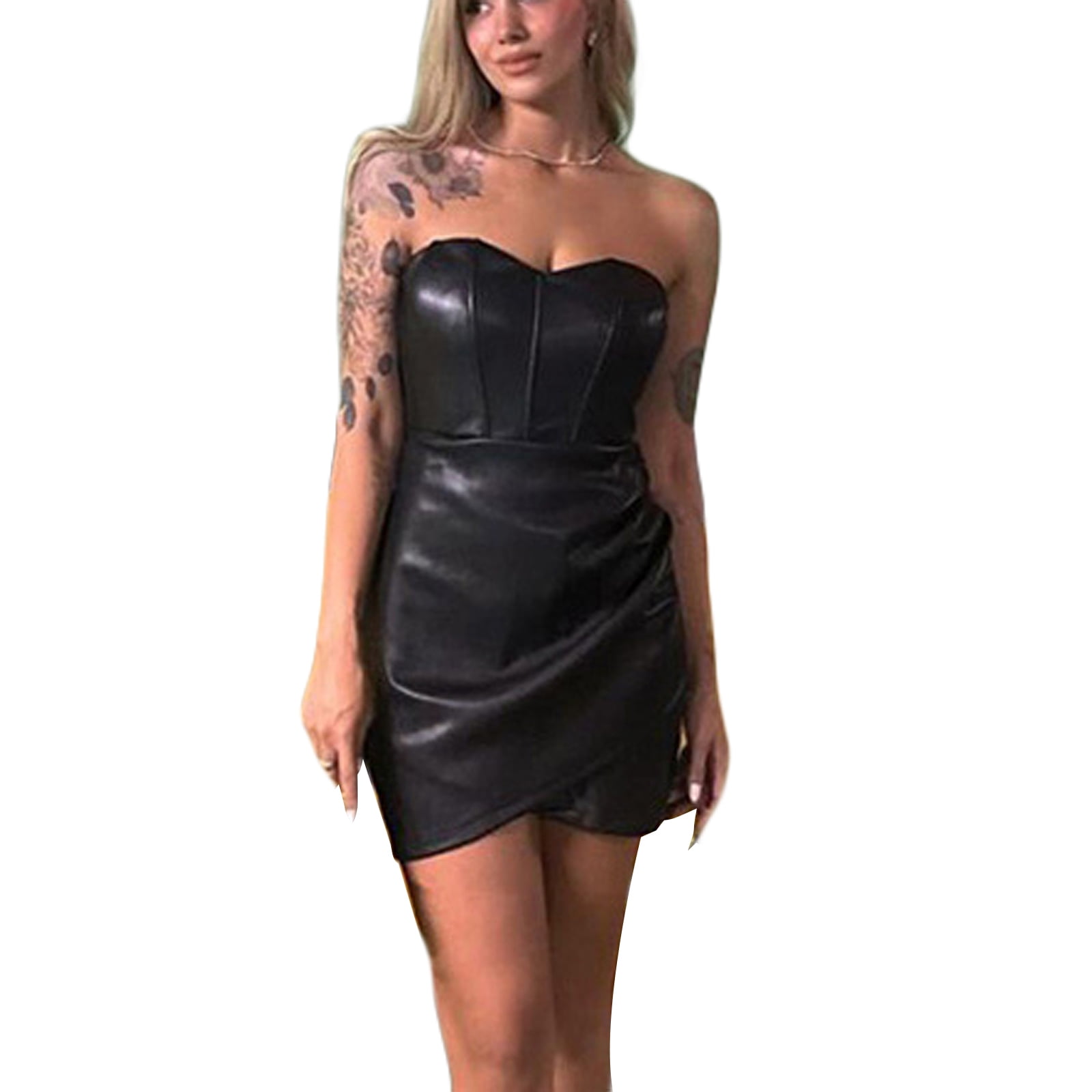 Women PU Leather Strapless Bodycon Dress Women Sexy Off-Shoulder Tube ...