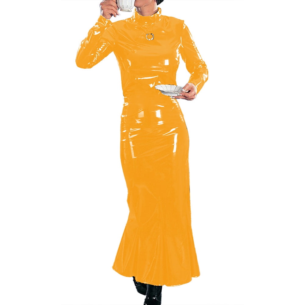 Women PVC Shiny Long Dresses Sexy Turtleneck Evening Dresses Elegant ...