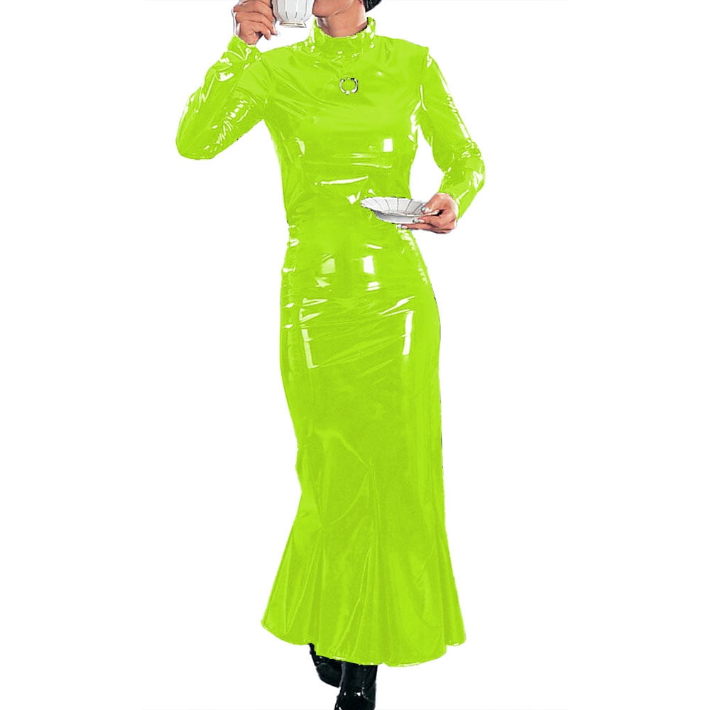Women PVC Shiny Long Dresses Sexy Turtleneck Evening Dresses Elegant ...