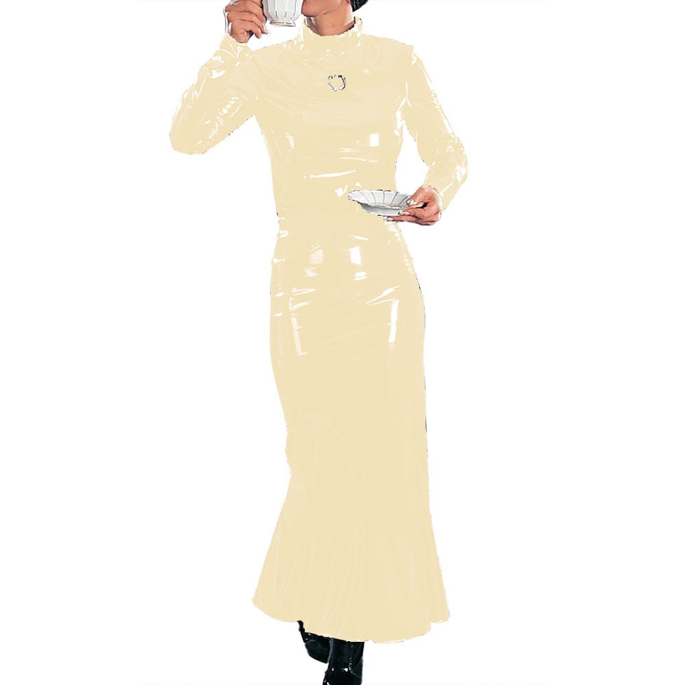Women PVC Shiny Long Dresses Sexy Turtleneck Evening Dresses Elegant ...