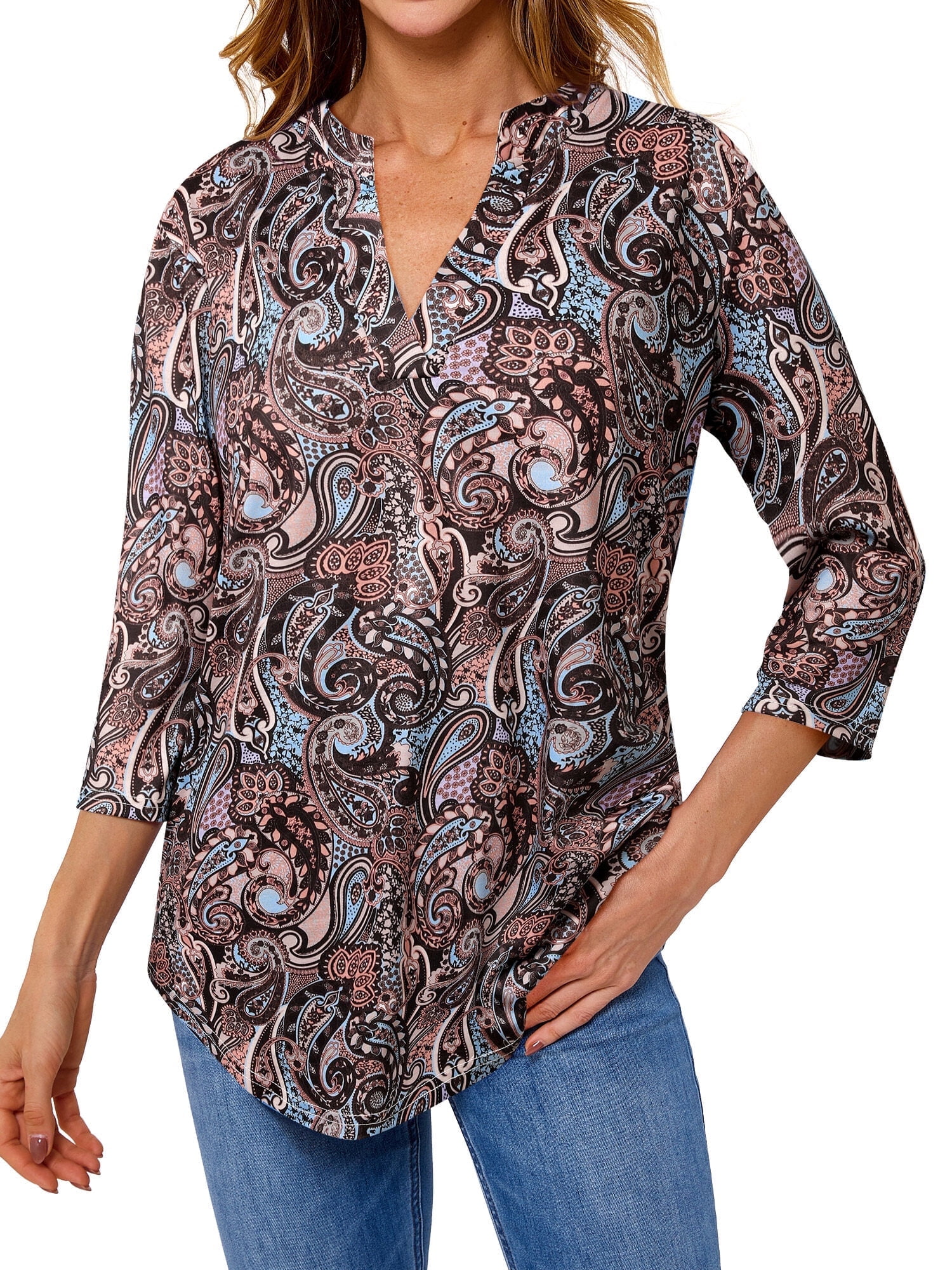 Women's Cotton V Neck 3/4 Sleeve Top, Paisley Print, Sizes S to XL ...