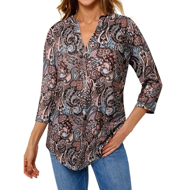 Women Paisley Printed V Neck 3/4 Sleeve Top - Walmart.com