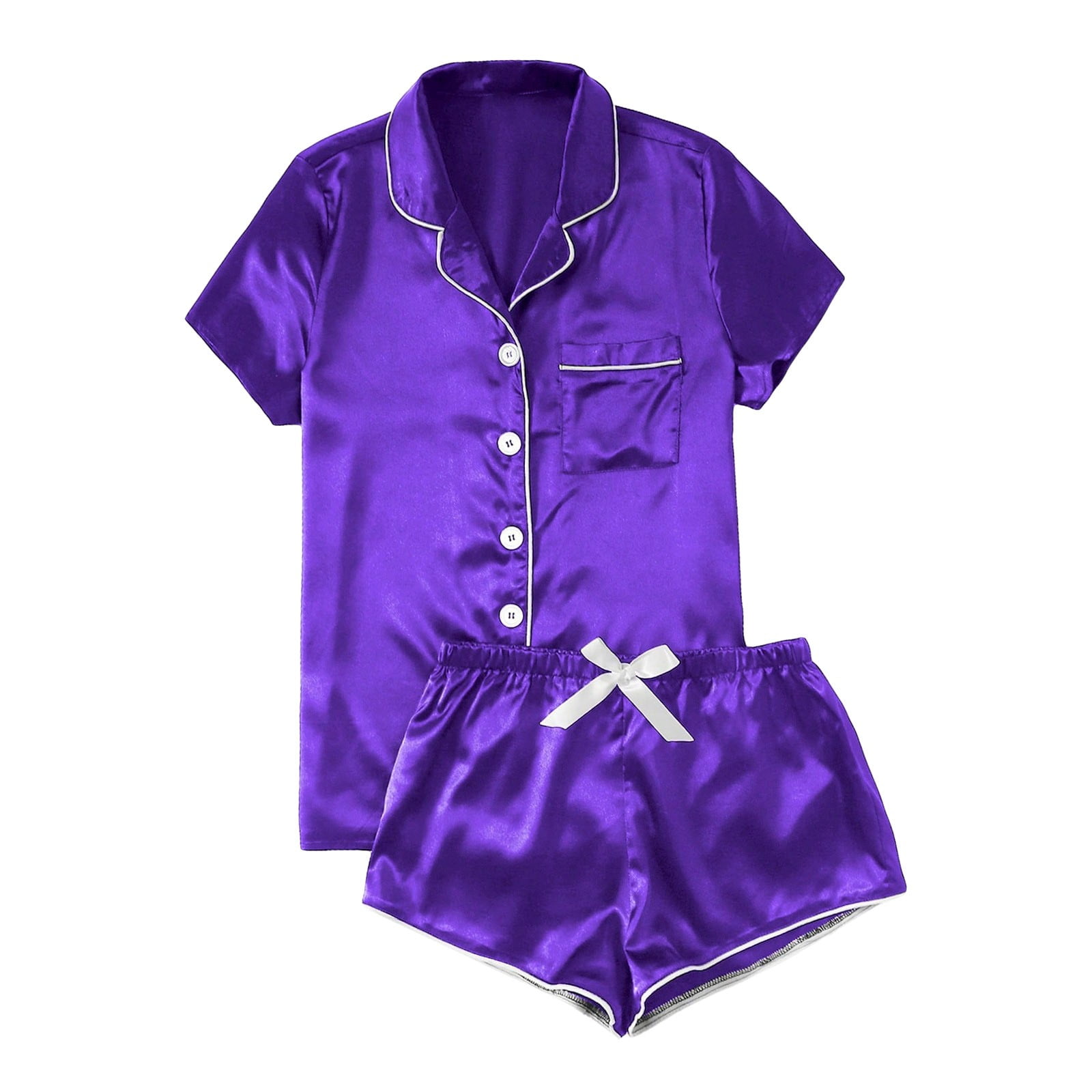 Women Pajama Sets Comfortable Silk Satin Sleepwear Short Sleeve Button ...