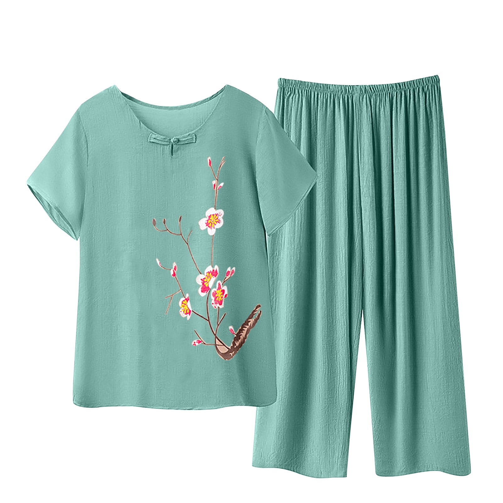 Women Pajamas Set Cotton Linen Pajamas, Ladies Comfy Pyjamas Set Floral ...