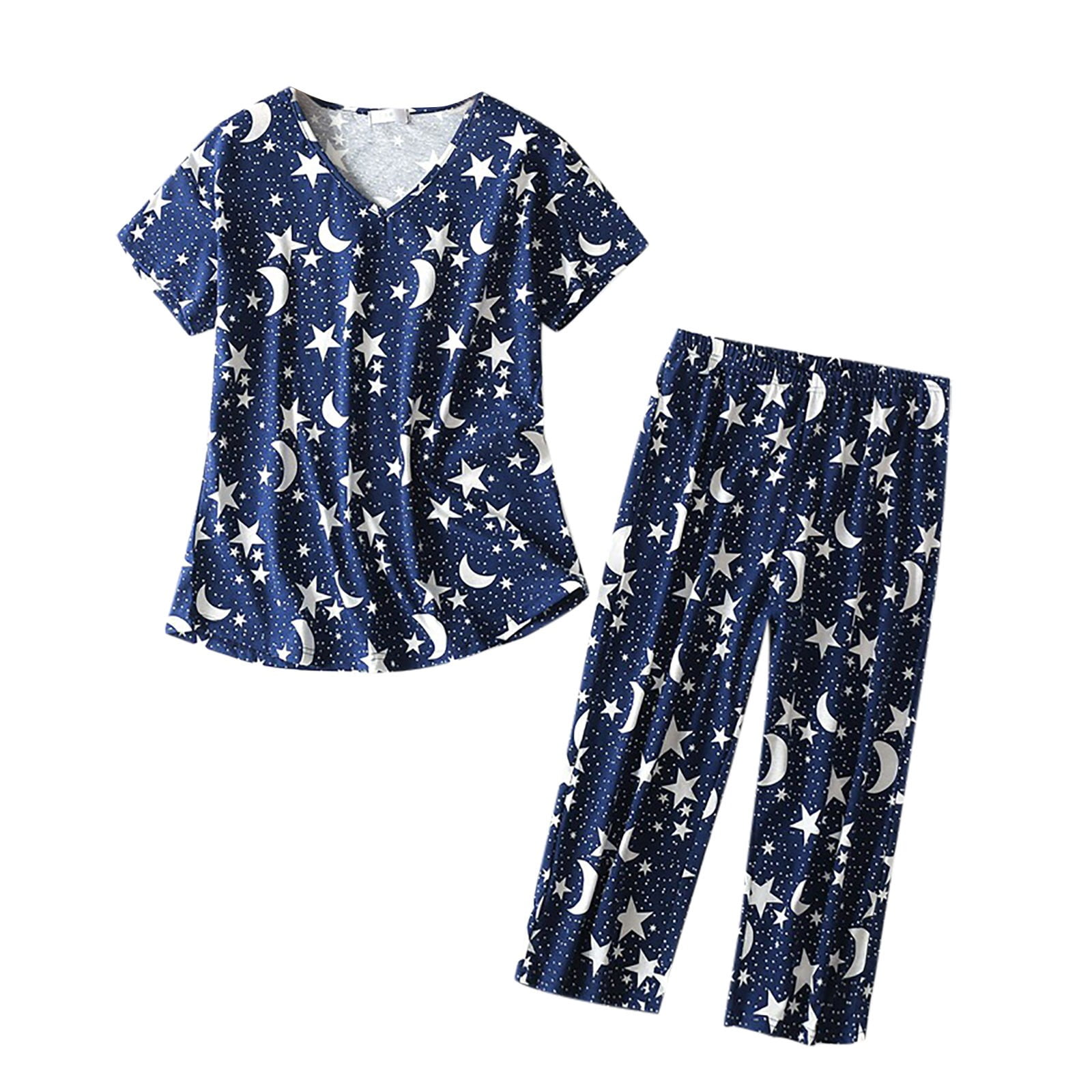 Women Pajamas Set Cotton Short Sleeve Top + Capri Pants Sleepwear Home ...