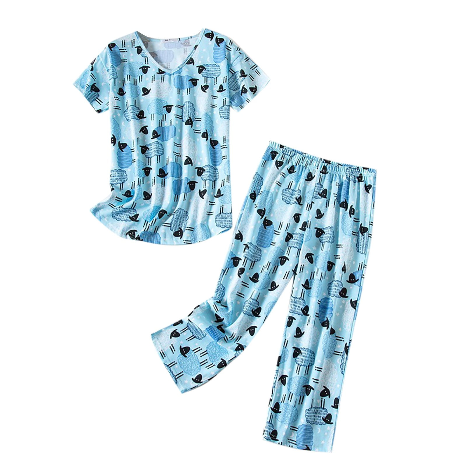 Women Pajamas Set Cotton Short Sleeve Top with Capri Pants Sleepwear ...