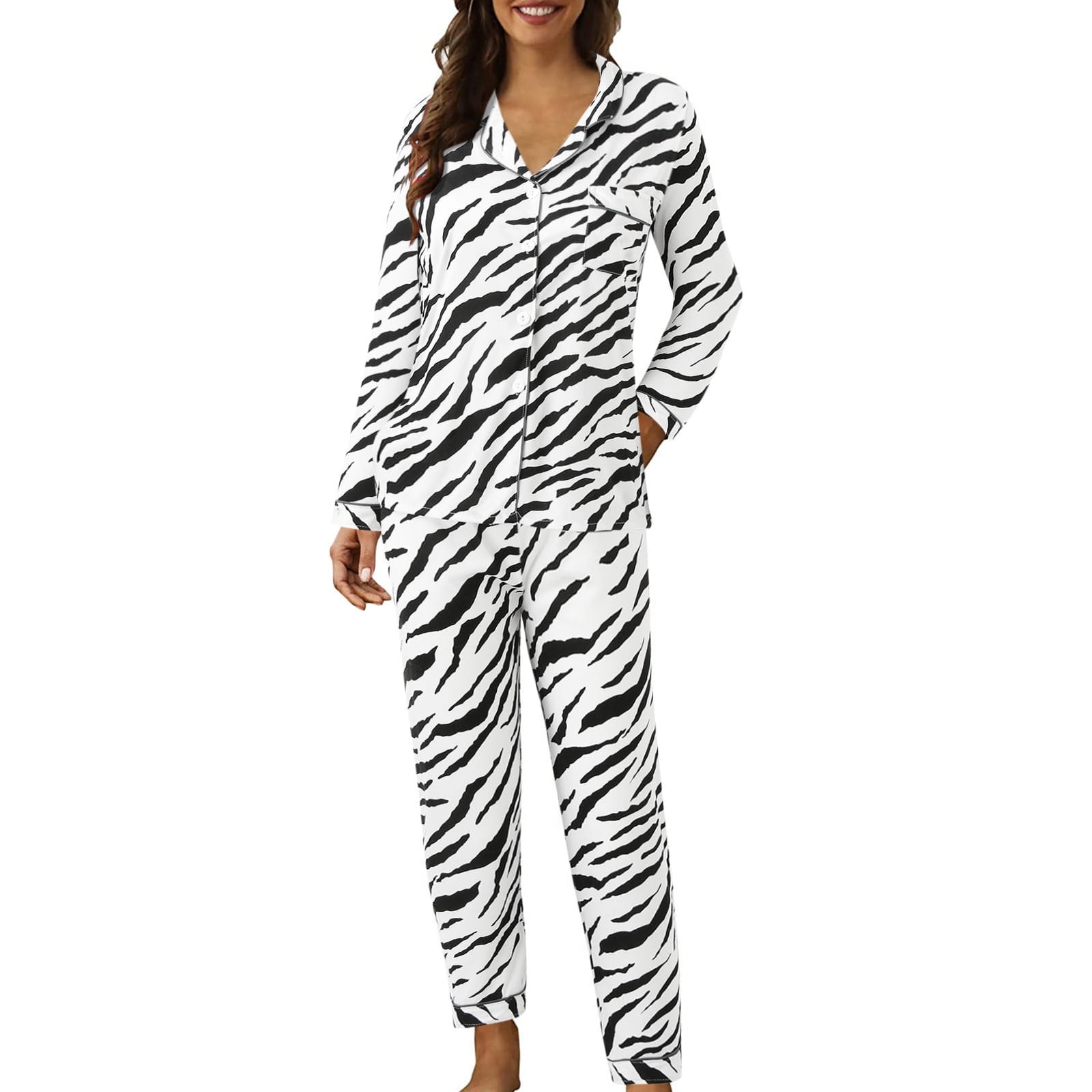 Women Pajamas Sets Lapel Plaid Print Long Sleeve Tops + Pants With ...