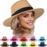 Women Panama Straw Hat Classic Wide Brim Sun Hat for Beach Adjustable ...