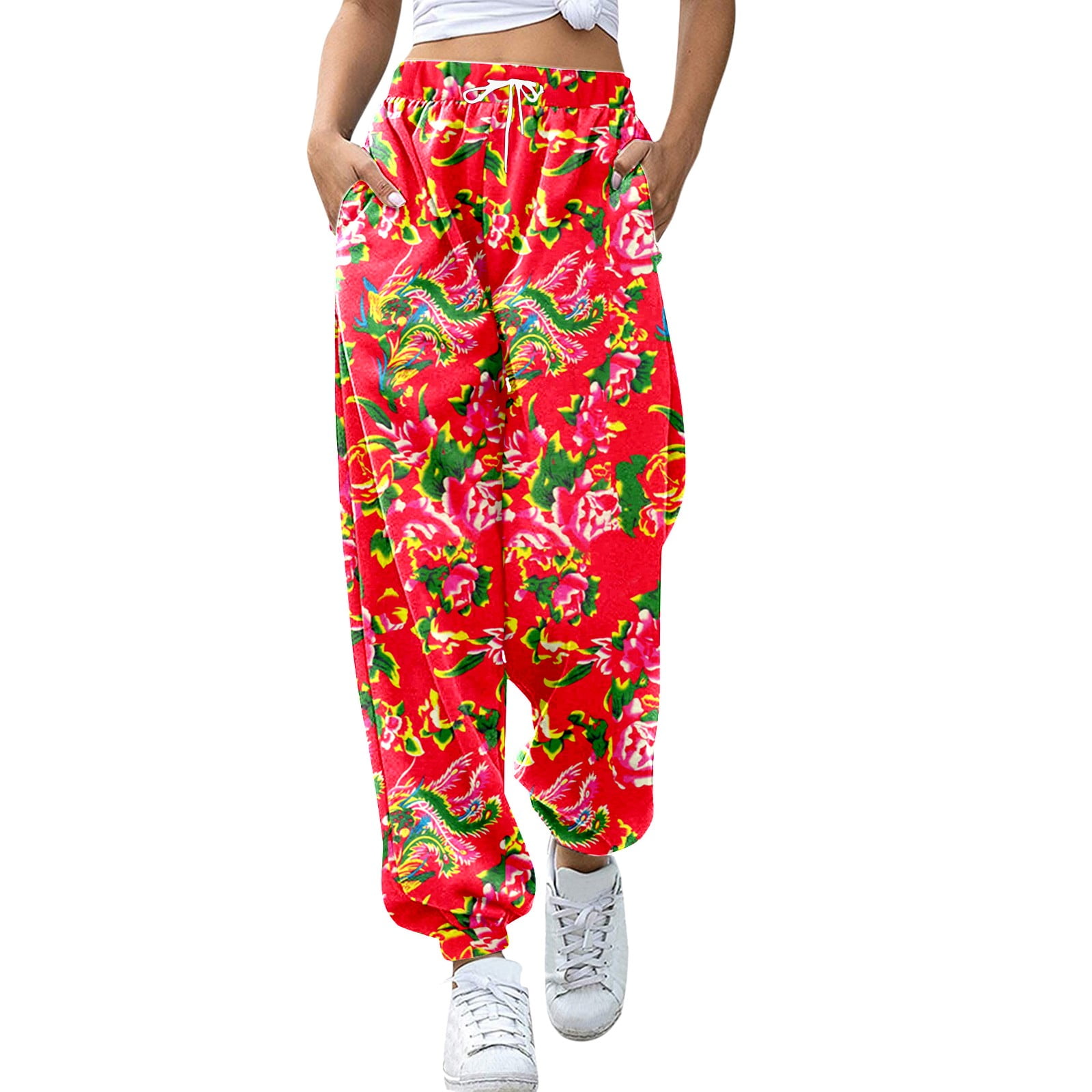 Women Pants Casual Summer Pant Trendy Floral Printed Drawstring High ...