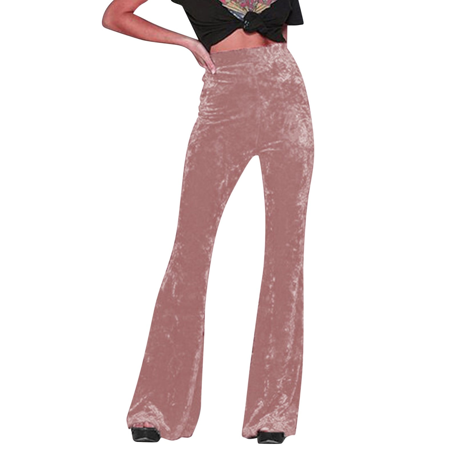 Women Pants High Waist Gold Velvet Solid Color Casual Flared Wide ...