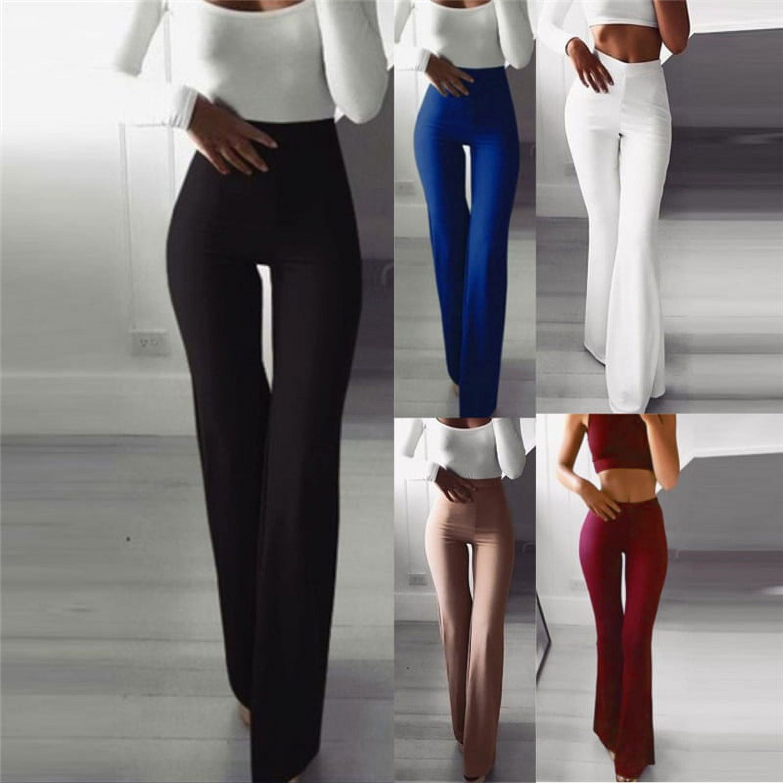 Women Pants Solid Color Bell-Bottom Elastic Band Long Slim Top High ...