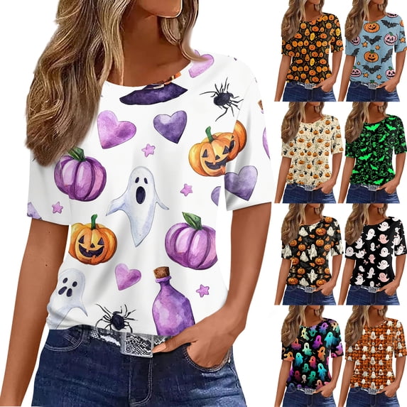 Women Pastel Halloween Tee Cute Ghost Pumpkin Heart Witch Bottle Print ...