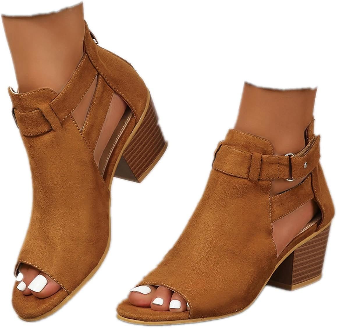 Women Peep Toe Ankle Booties Sandals Chunky Heels Cutout Back Zipper ...