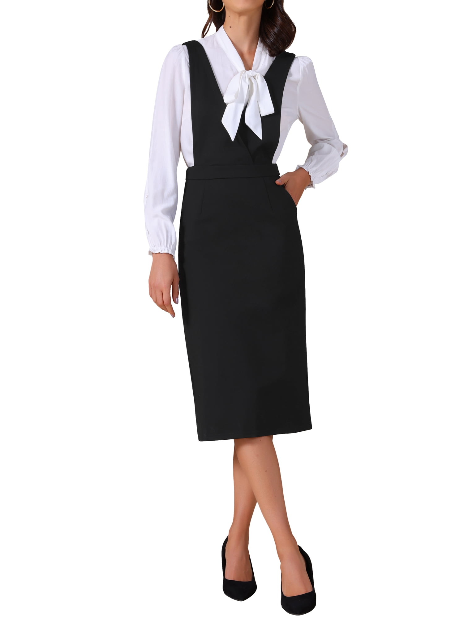 Women Pinafore Dress Stretchy Sleeveless V Neck A-Line Overalls Jumper ...