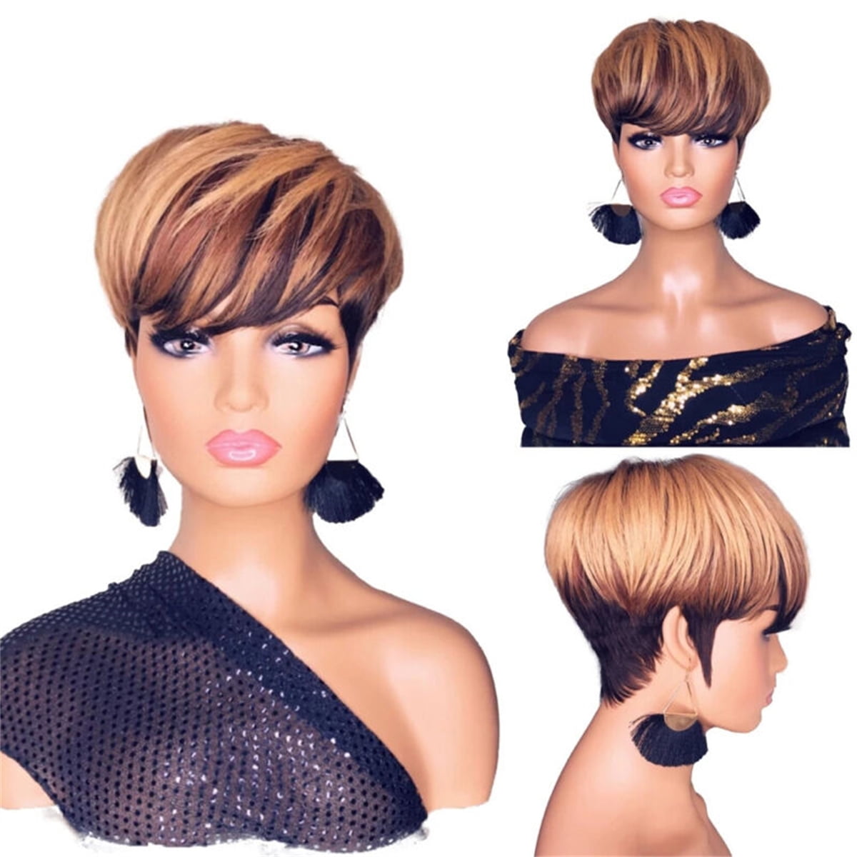Punctualgood Women Pixie Cut Wig, Ombre Blonde Brown, Short Human Hair, 3 Tone, Straight ...