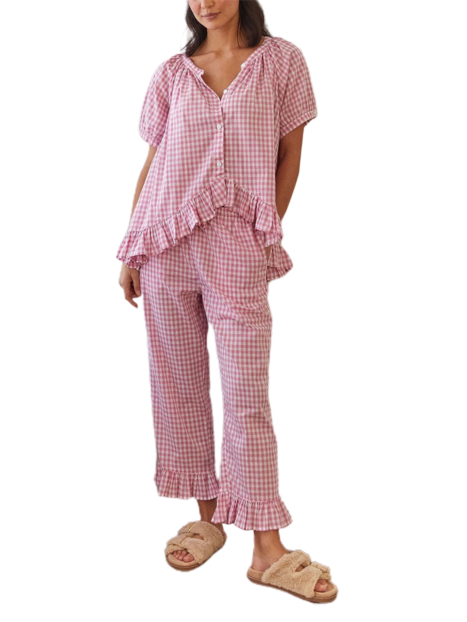 Women Plaid 2 Piece Pajama Set Puff Sleeve Babydoll Shirt Ruffle ...