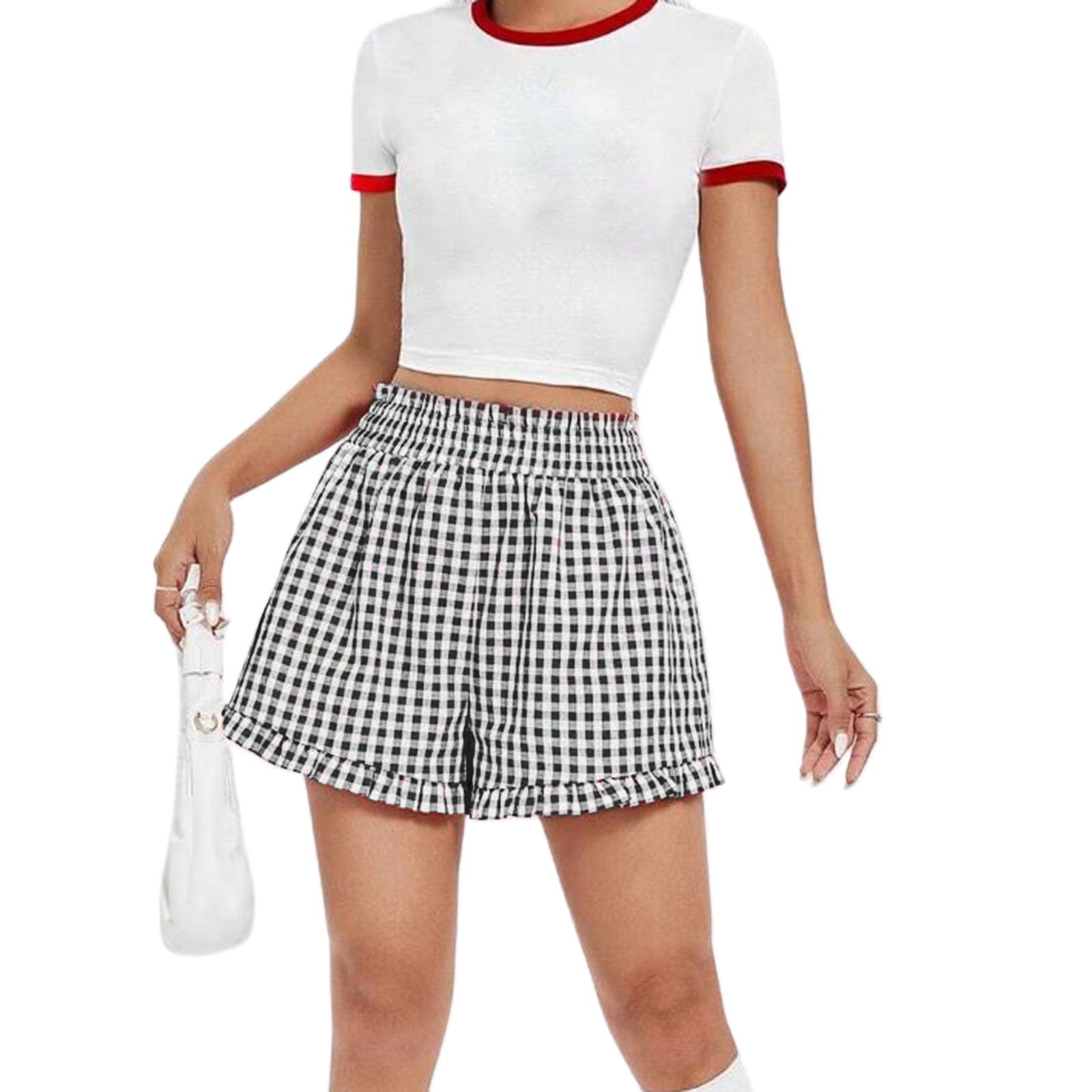 Women Plaid Gingham Boxer Shorts Y2k Striped Ruffle Hem Lounge Shorts ...