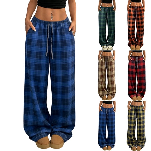 Women Plaid Wide Leg Pants Drawstring Elastic Waist Loose Fit Casual ...