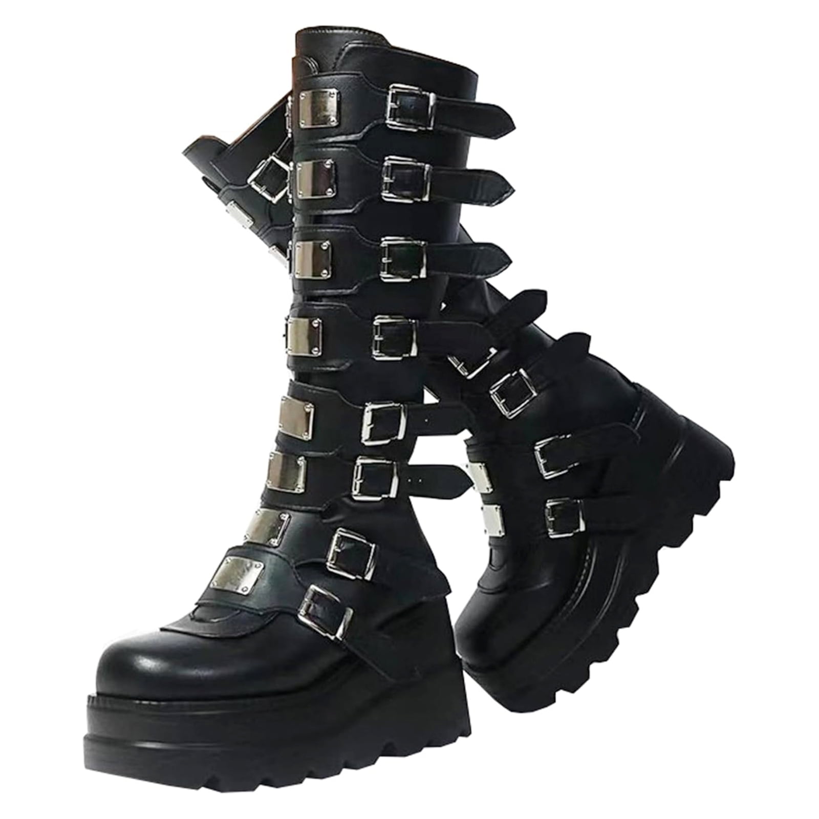 Women Platform Knee High Goth Boots Round Toe Zipper Back Combat ...