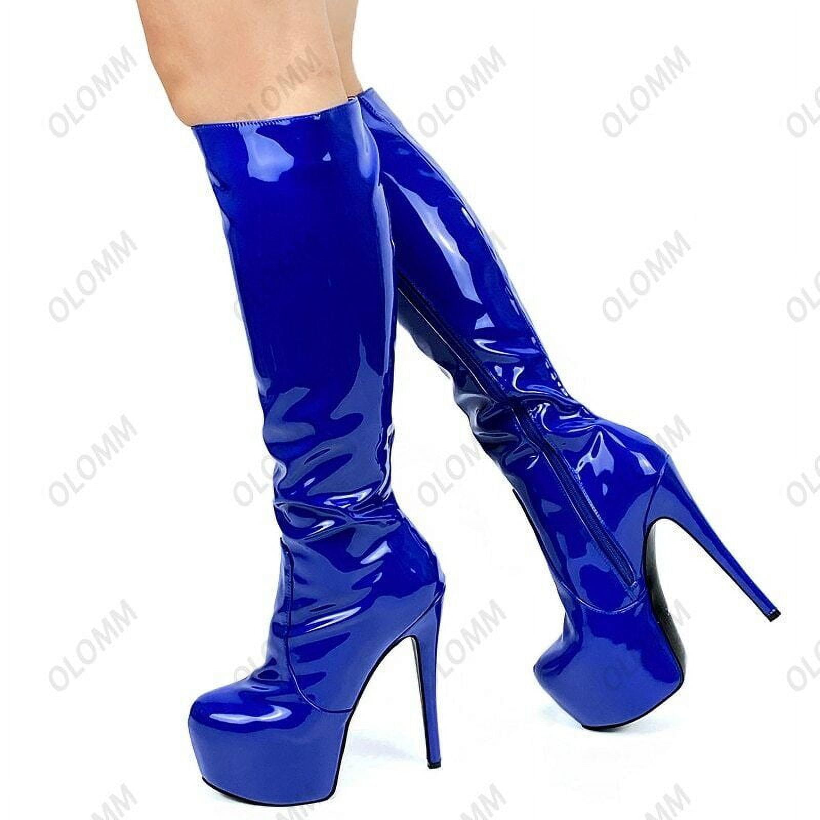 Women Platform Shiny Knee High Zip Boots Stilettos Heels Round Toe ...
