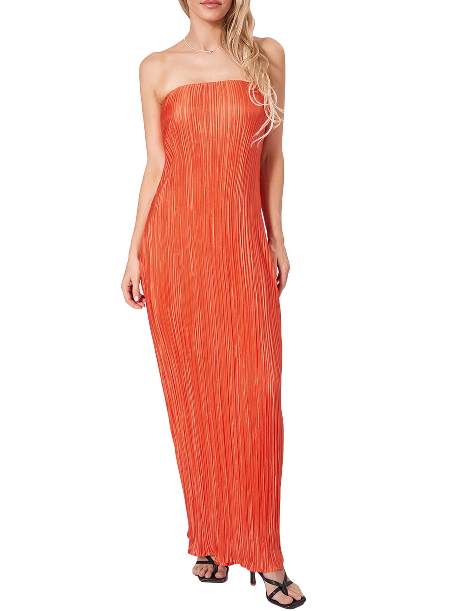 Women Pleated Tube Long Dress Strapless Off Shoulder Bodycon Floral ...