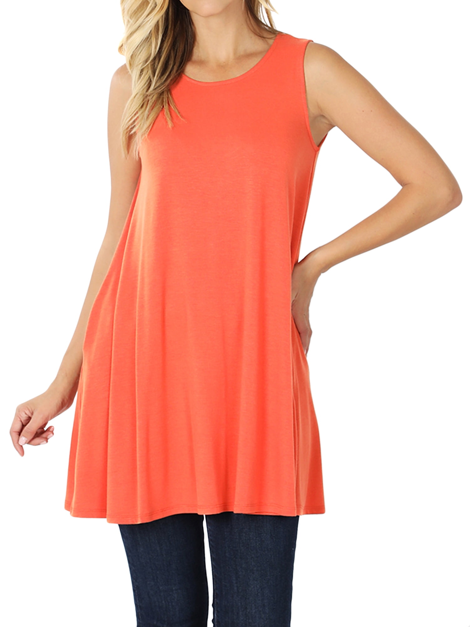 Women And Plus Round Neck Sleeveless Flowy Tunic Top With Side Pockets