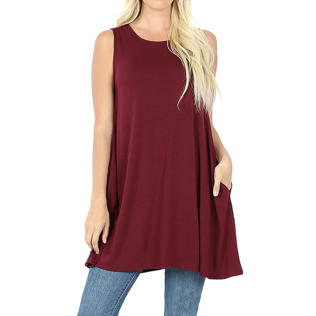 Women And Plus Round Neck Sleeveless Flowy Tunic Top With Side Pockets