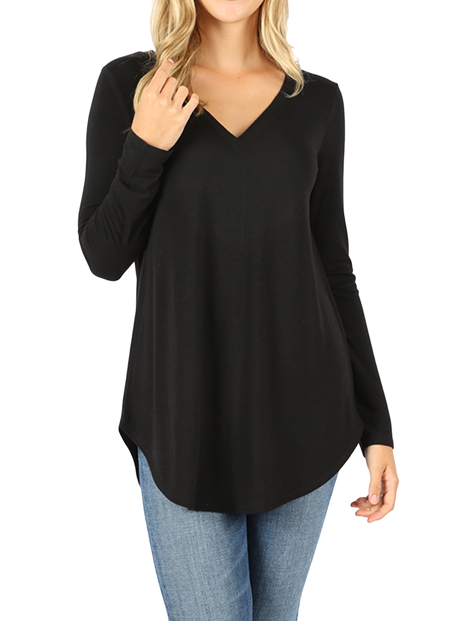 Women & Plus(S-3X) Relaxed Fit Long Sleeve V-Neck Round Hem Jersey Tee ...