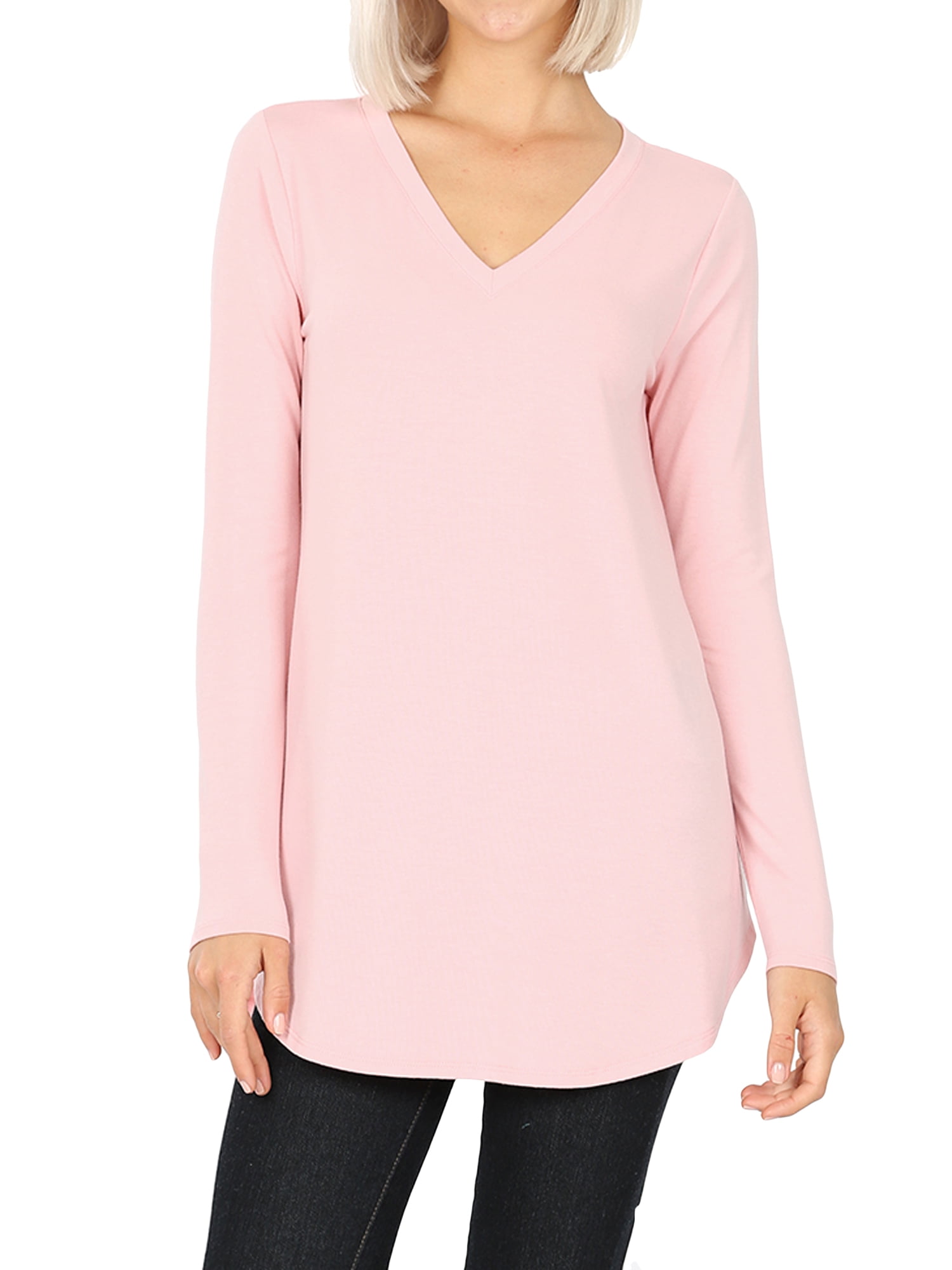 Women & Plus(S-3X) Relaxed Fit Long Sleeve V-Neck Round Hem Jersey Tee ...
