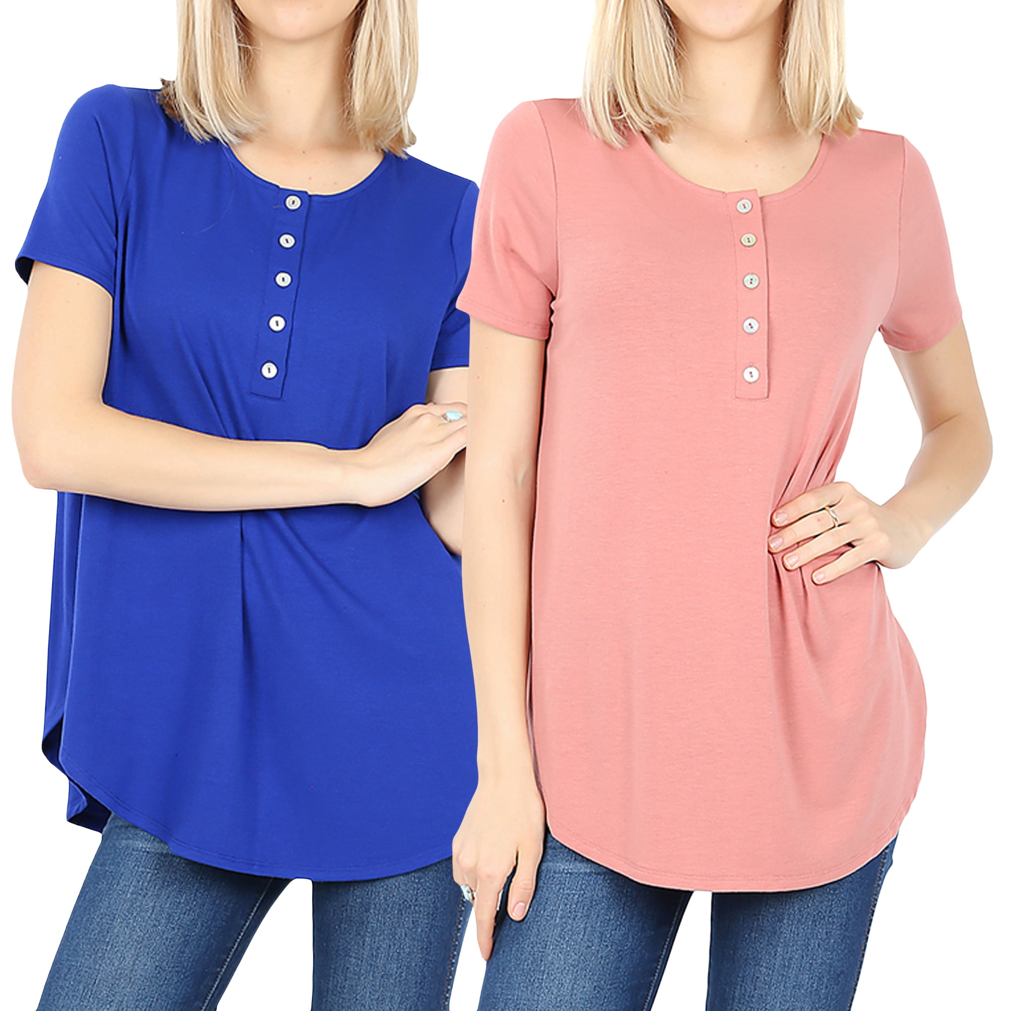 Women And Plus Short Sleeve Dolphin Hem Relaxed Fit Henley Tee Shirt Top