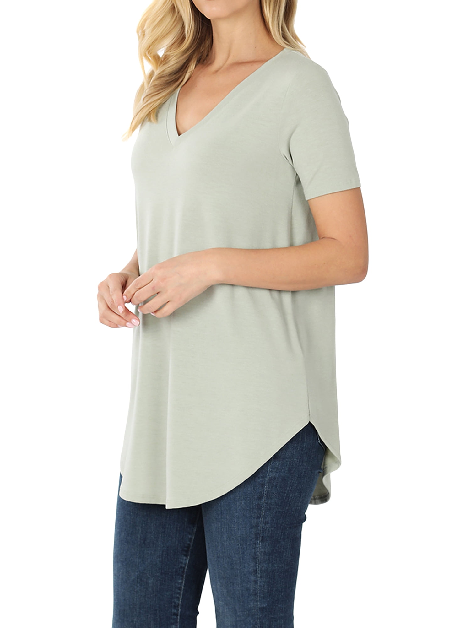 Women & Plus Short Sleeve V Neck Round Hem Relaxed Fit Casual Tee Shirt ...