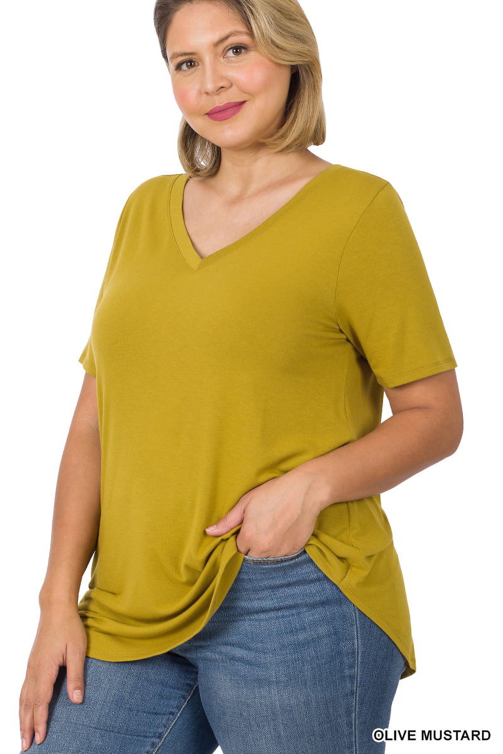 Women & Plus Short Sleeve V Neck Round Hem Relaxed Fit Casual Tee Shirt ...