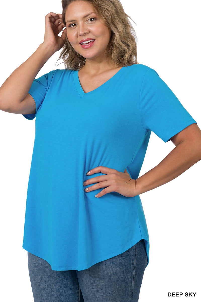 Women And Plus Short Sleeve V Neck Round Hem Relaxed Fit Casual Tee Shirt