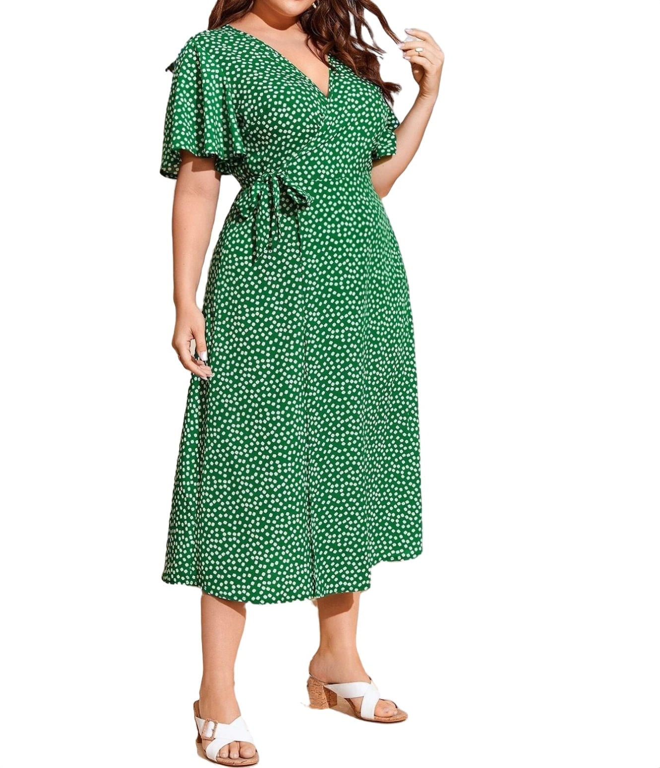 Women Plus Size Casual Floral V Neck Butterfly Sleeve Knot Side Dresses ...