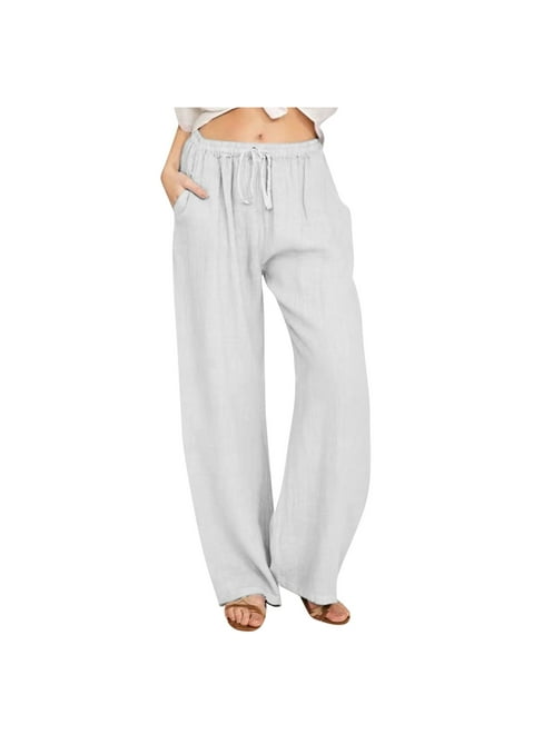 Erwazi Women's Summer Drawstring Waist Cotton Linen Palazzo Pants Wide ...