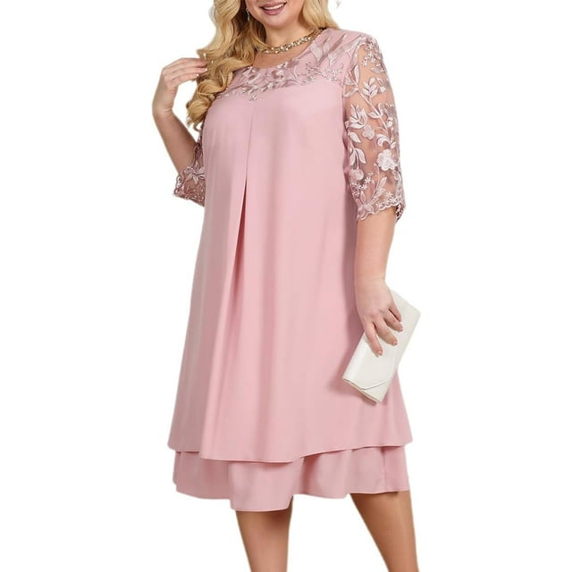 Women Plus Size Half Sleeve Dresses Floral Mesh Sleeve Wedding Guest