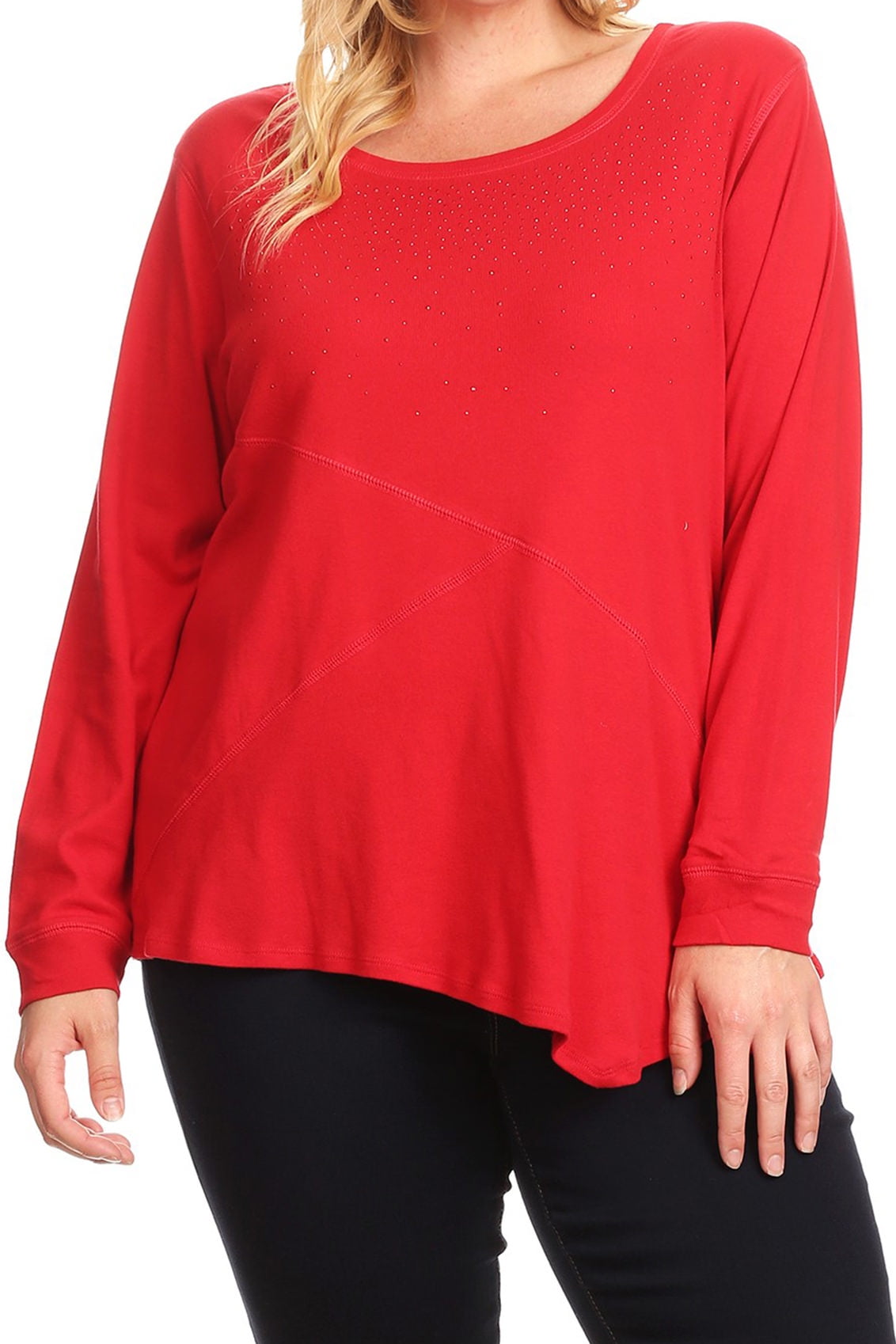 Women Plus Size Long Sleeve Rhinestones T Shirt Blouse Top Tee Red 1X ...