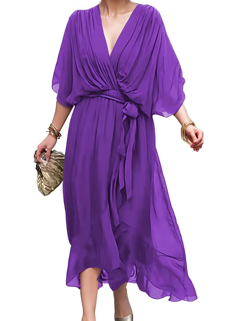 Women Plus Size Maxi Dress Short Sleeve Wrap V Neck High Low Split ...