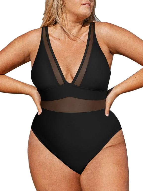 Asoul Plus Size Swimsuit for Women Scalloped Tummy Control One Piece Bathing Suits Ruched V Neck ...