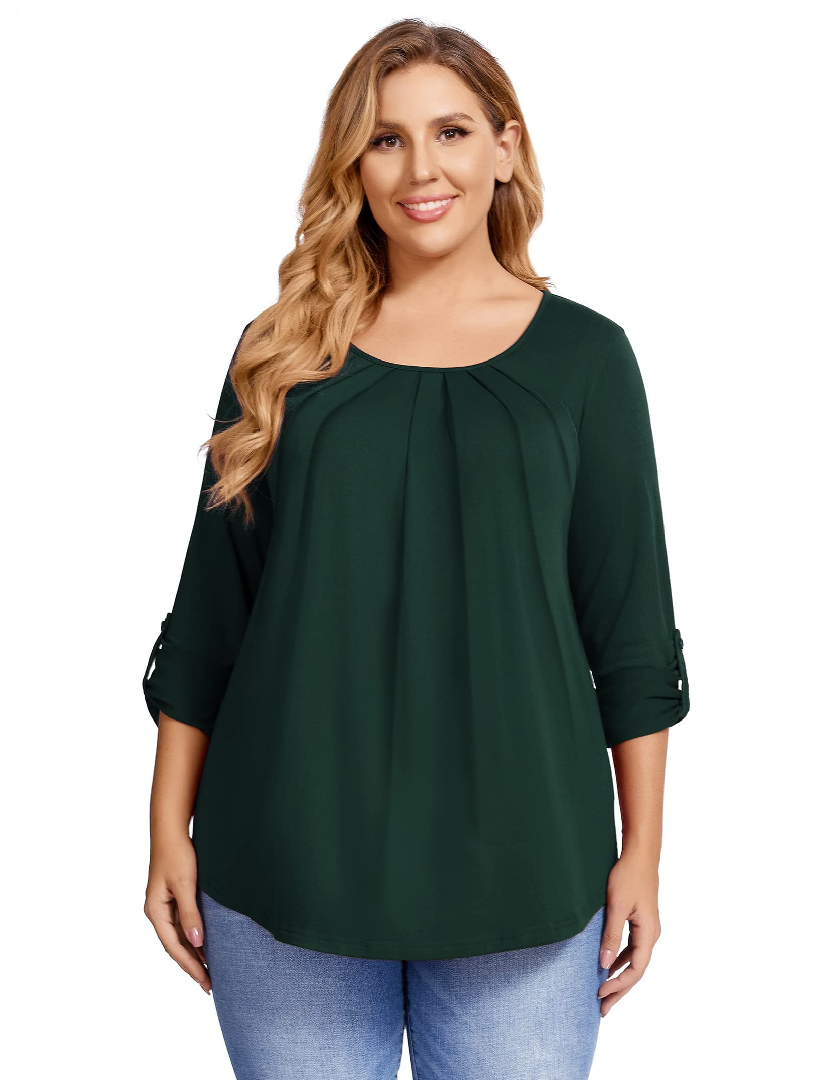Women Plus Size Pleated Flowy Top 3/4 Roll Sleeve Casual Loose Blouse ...