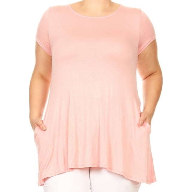 Women Plus Size Short Sleeve Solid Pocket Asymmetric Tunic Knit Top Tee