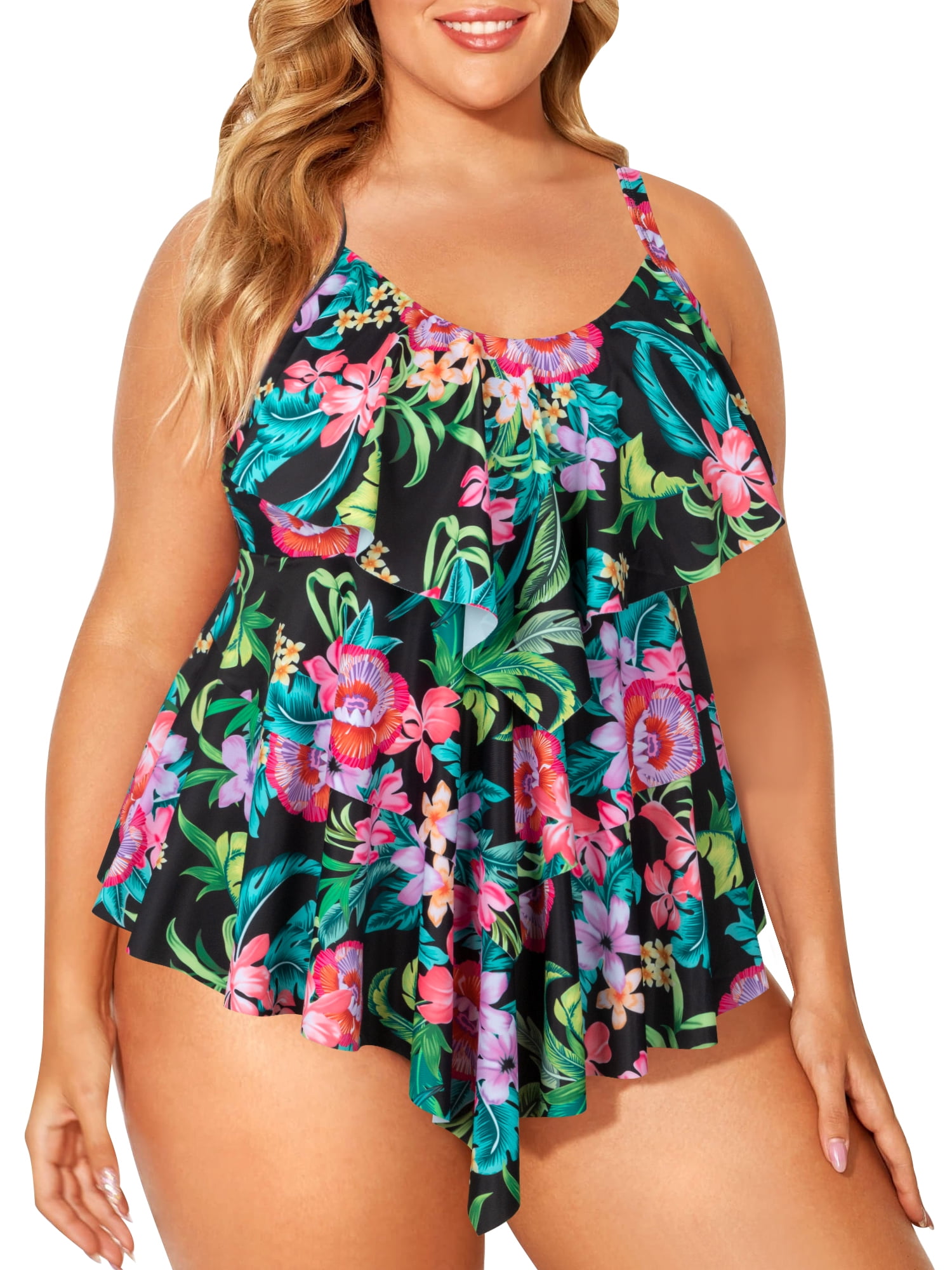 Women Plus Size Tankini Swimsuits Tummy Control Two Piece Bathing Suit Ruffled Flounce Swimwear