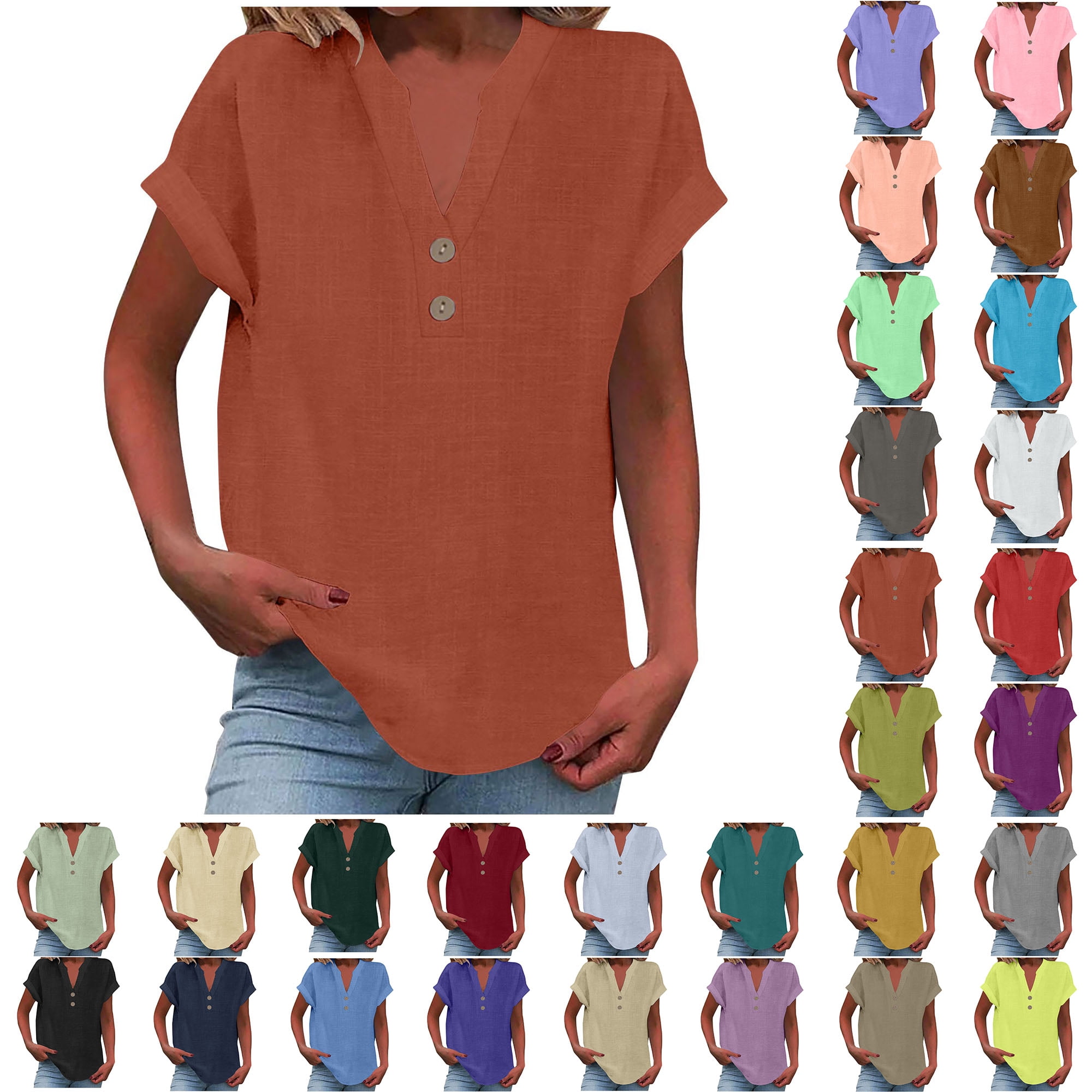 Women Plus Size Tops Sawvnm Women's Fashion Solid Button Shirt Female V ...