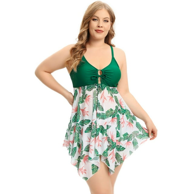Women Plus Size Two Piece Swim Dress with Boyshorts Mesh Tankini Swimsuits Flowy Bathing Suits ...
