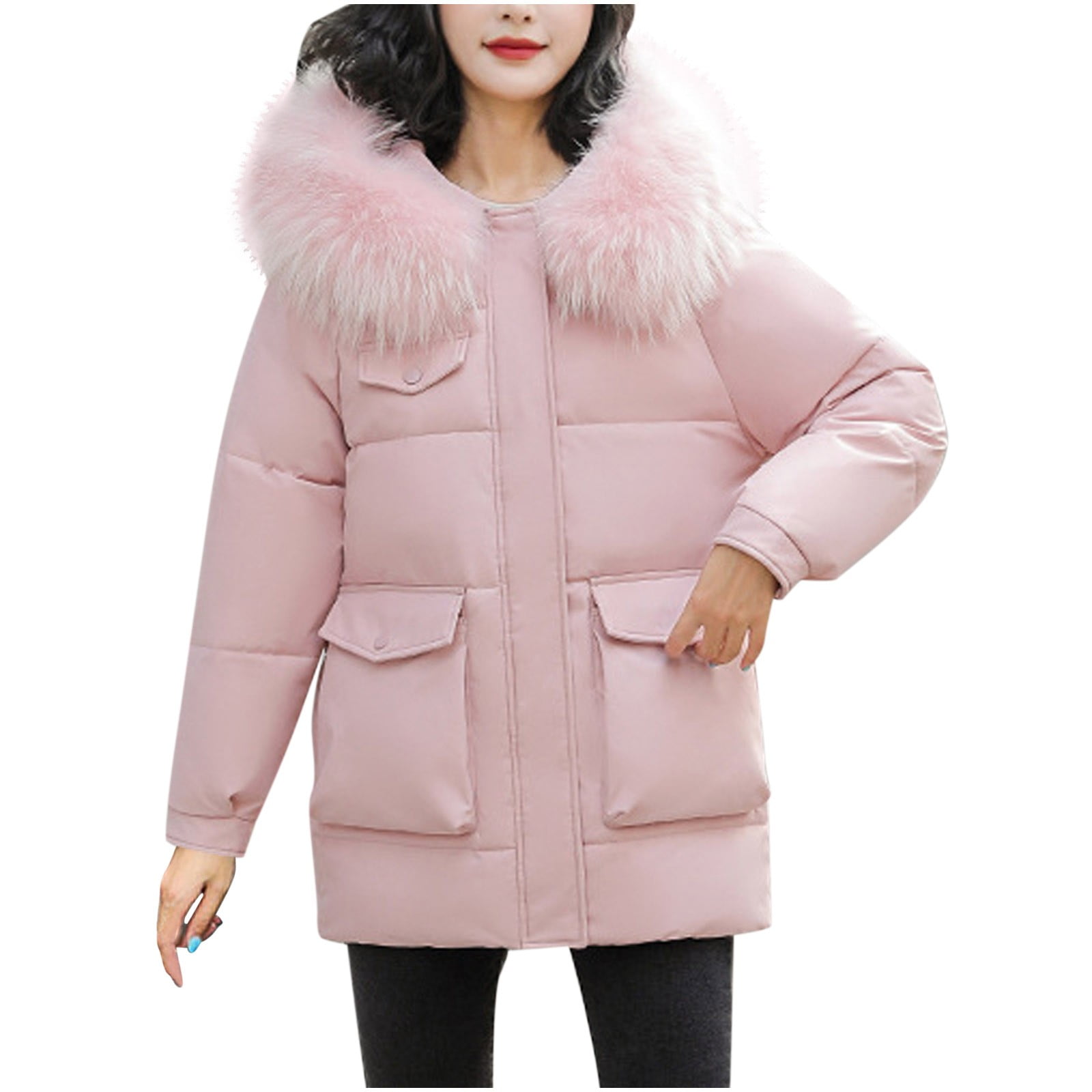 Women Plus Size Winter Coat Long Puffer Jacket With Faux Fur Hood ...