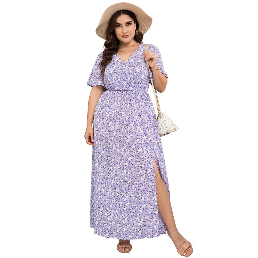 Women Plus Size Wrap Maxi Dress Short Flutter Sleeves Empire Waist ...