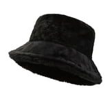 Women's Plush Fluffy Black Bucket Hat with Warm Lining, Faux Fur, Wide ...