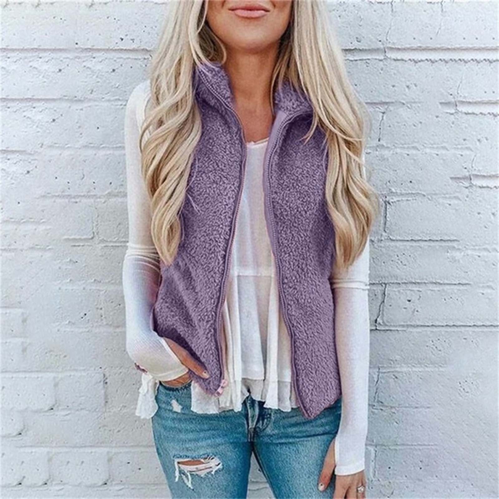 Women Pocket Zipper Solid Color Jacket Sleeveless Lapel Vest Loose Coat ...